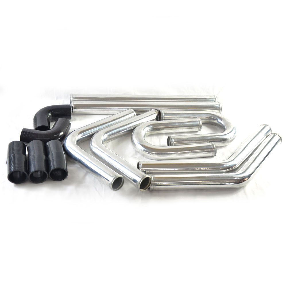 MooSun 2" 8-Pcs Universal Intercooler Pipe Piping Turbo Polished Aluminum Kit with Silicone Hoses and Stainless Steel T-Clamps