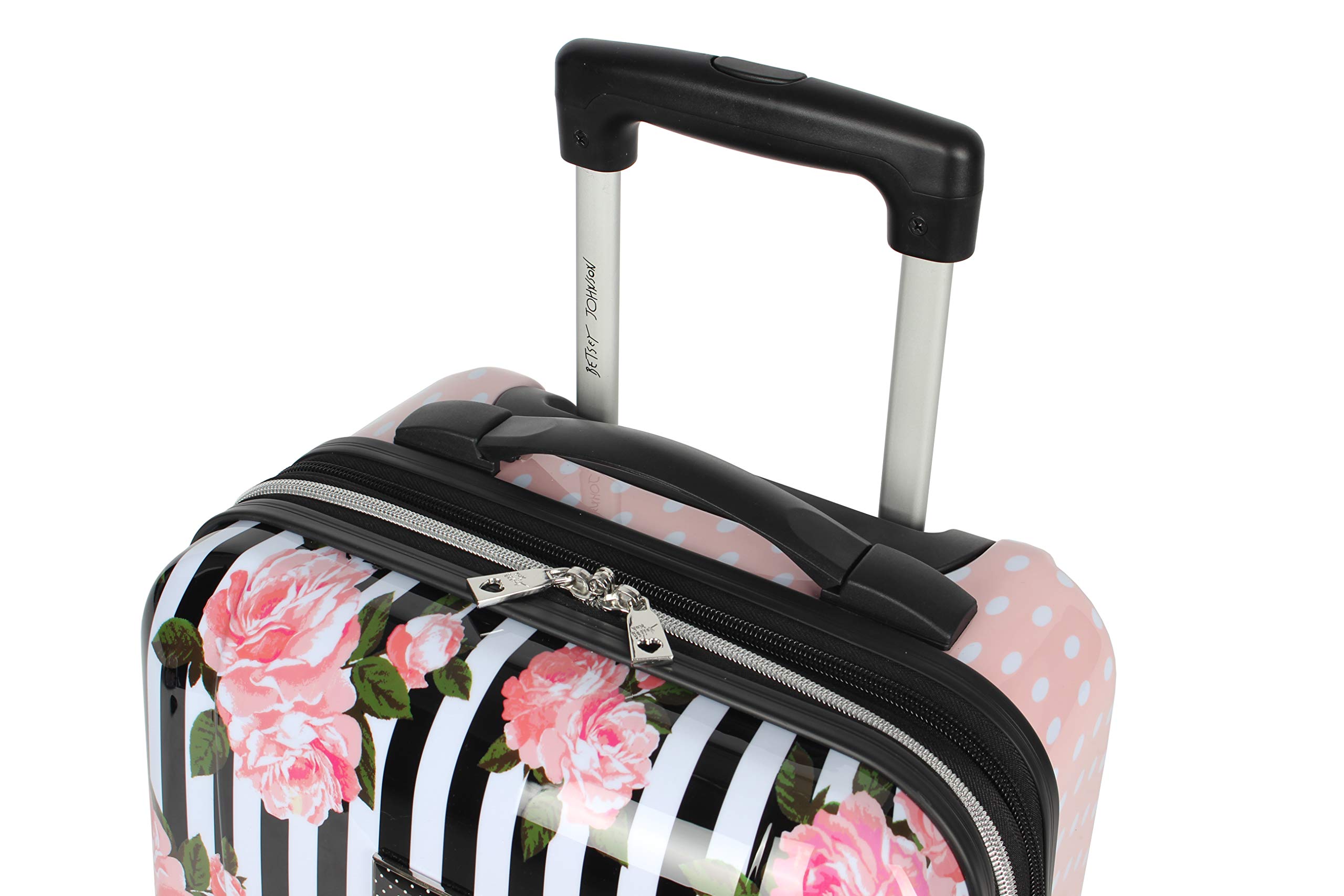 Betsey Johnson Designer Underseat Luggage Collection - 15 Inch Hardside Carry On Suitcase for Women- Lightweight Under Seat Bag with 2-Rolling Wheels (Stripe Roses)