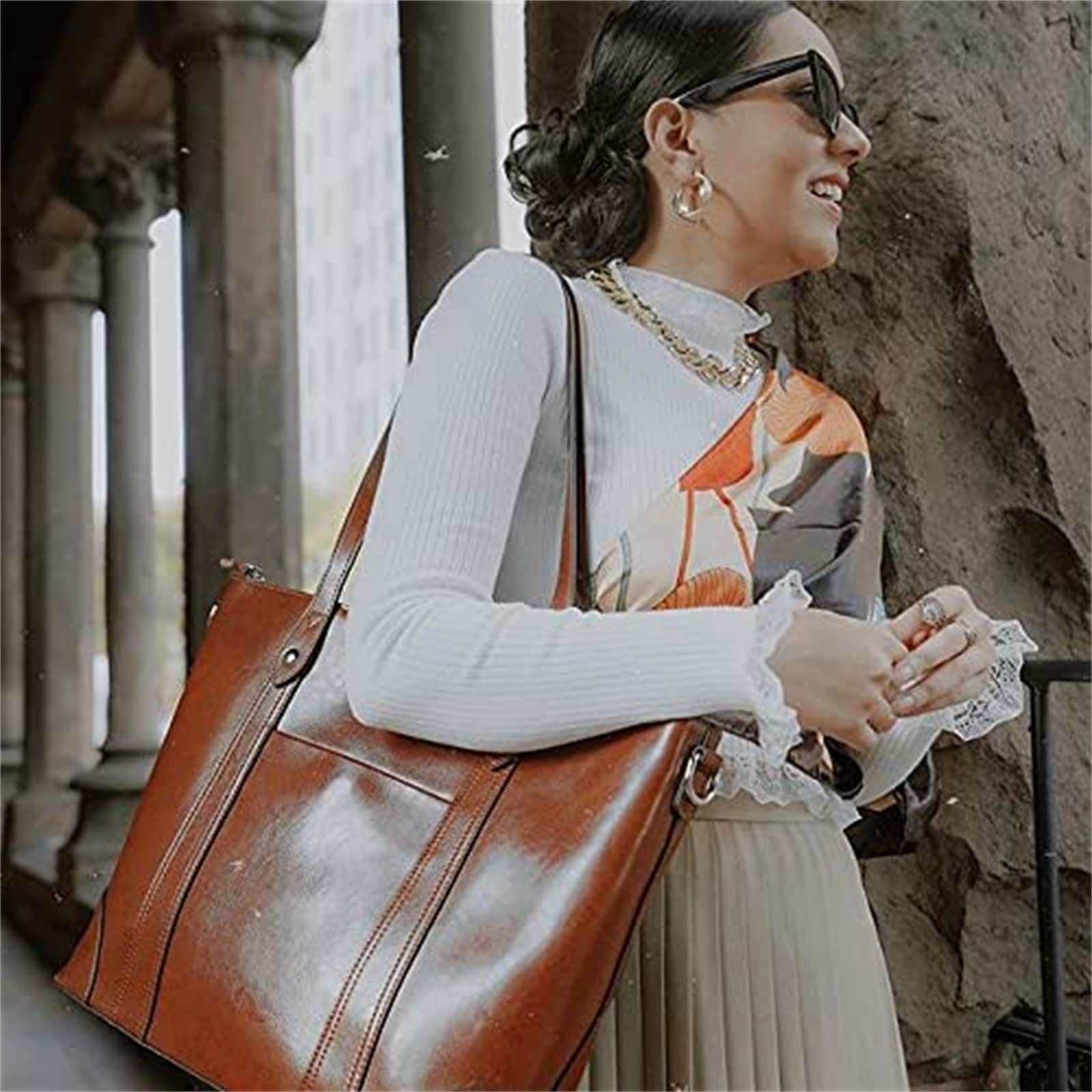 S-ZONE Leather Tote Bag for Women Office Shoulder Handbag 15.6 Inch Work Laptop Briefcase (Dark Brown)