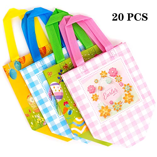 ANOTION Easter Gift Bags, 20 Packs Easter Bags for Kids Easter Treat Bags with Handle, Reusable Easter Goodie Bags Non-woven Rabbit Bunny Bag with 20 Tissue Papers for Easter Party Favors