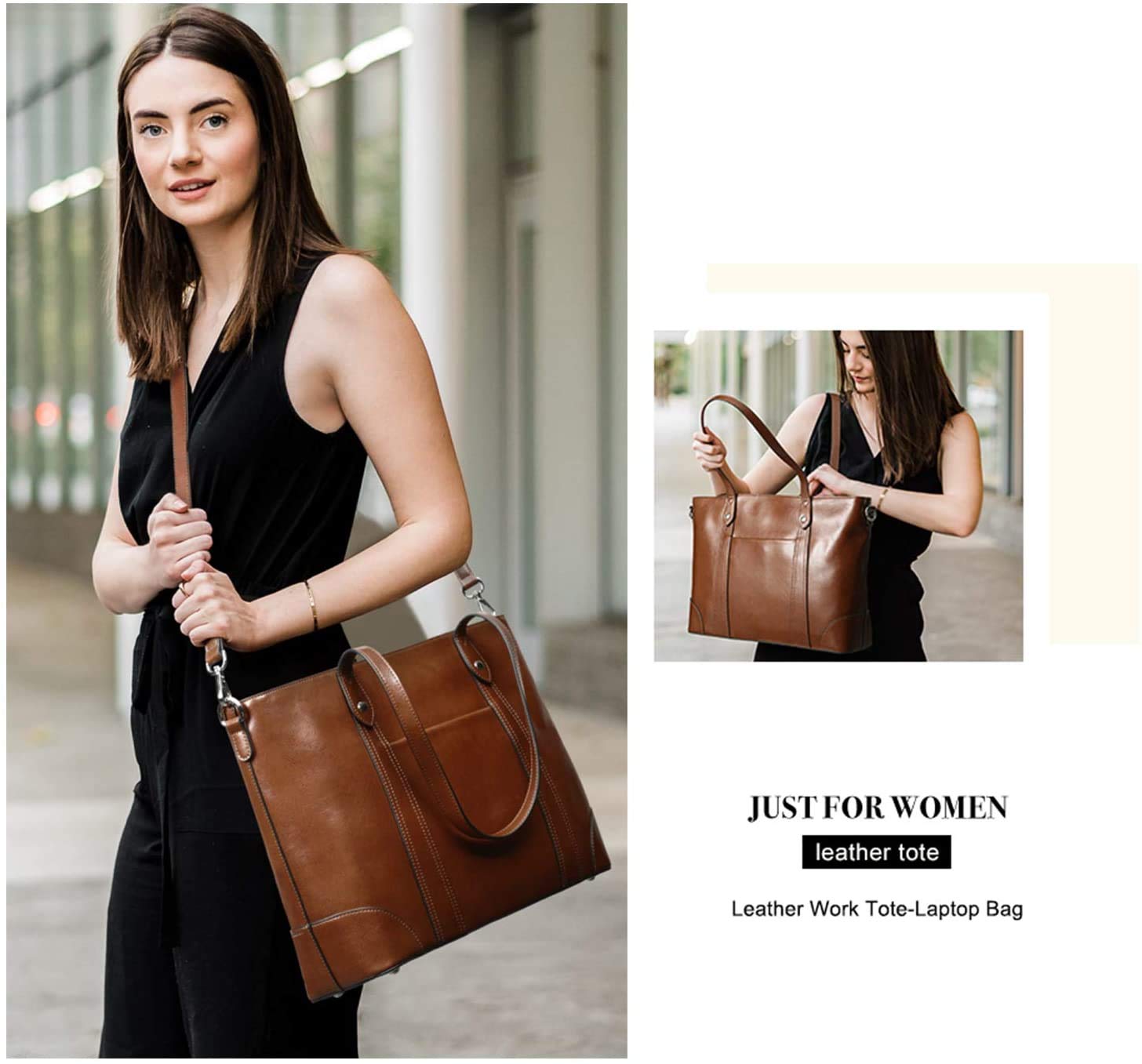 S-ZONE Leather Tote Bag for Women Office Shoulder Handbag 15.6 Inch Work Laptop Briefcase (Dark Brown)