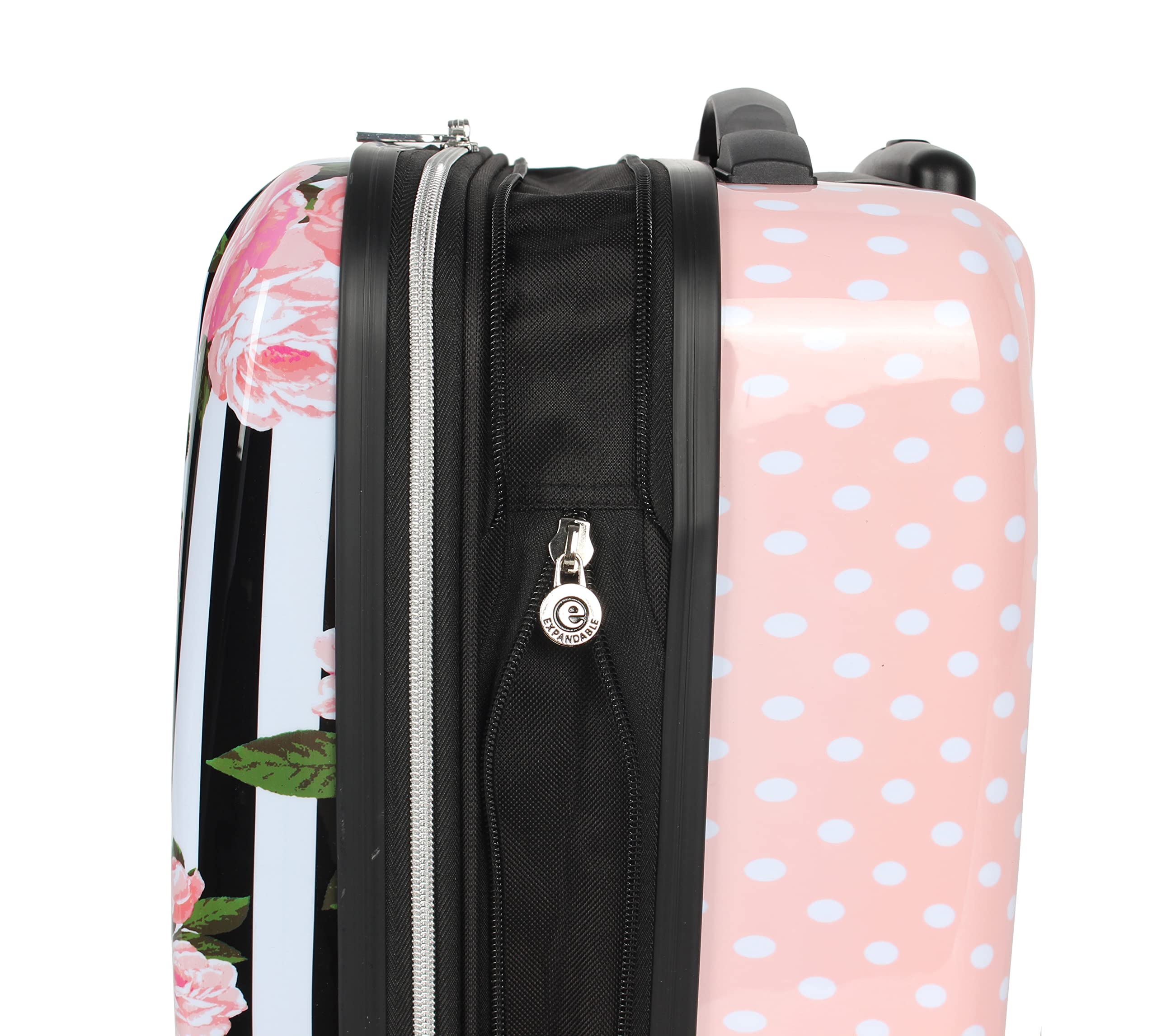 Betsey Johnson Designer Underseat Luggage Collection - 15 Inch Hardside Carry On Suitcase for Women- Lightweight Under Seat Bag with 2-Rolling Wheels (Stripe Roses)