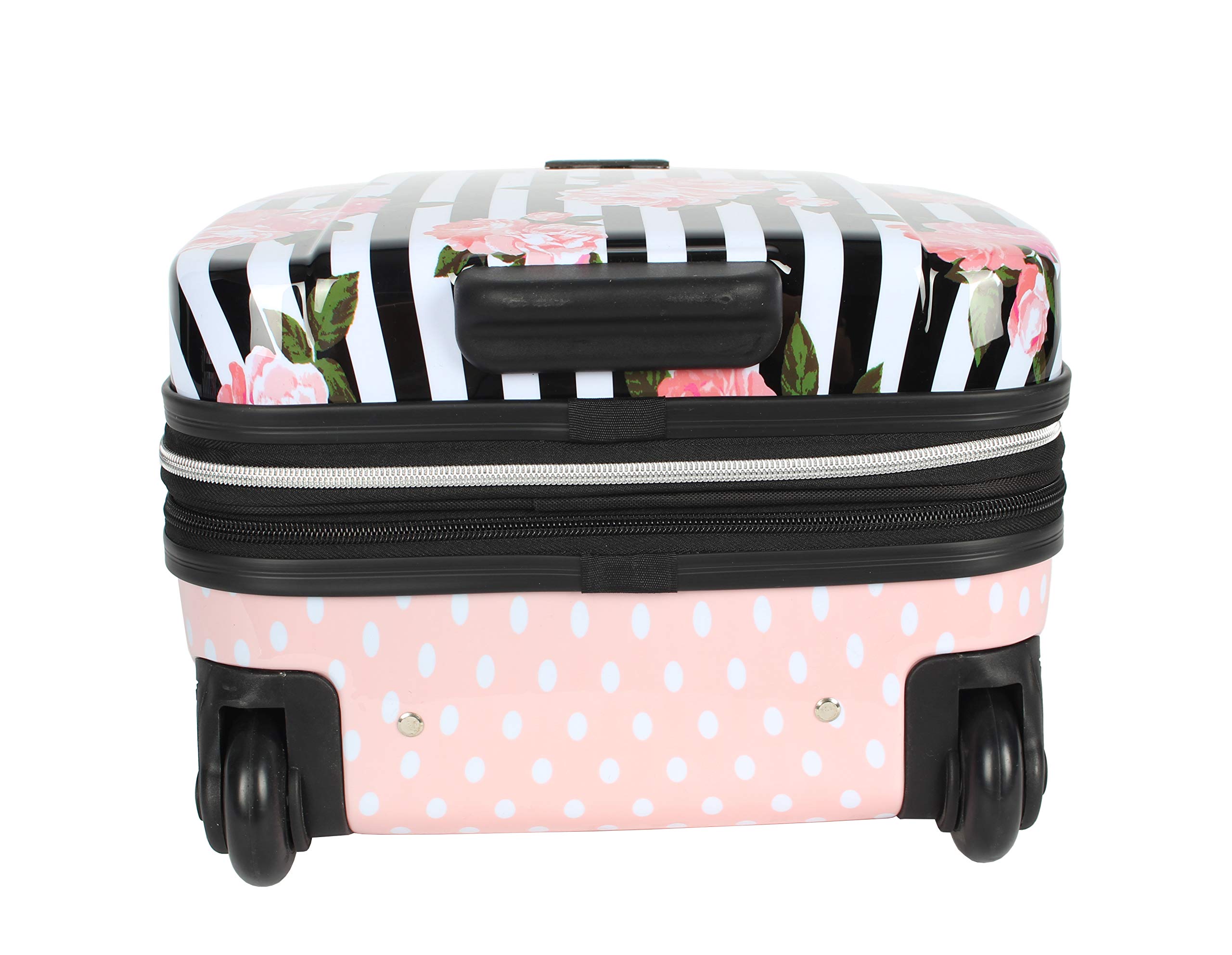 Betsey Johnson Designer Underseat Luggage Collection - 15 Inch Hardside Carry On Suitcase for Women- Lightweight Under Seat Bag with 2-Rolling Wheels (Stripe Roses)