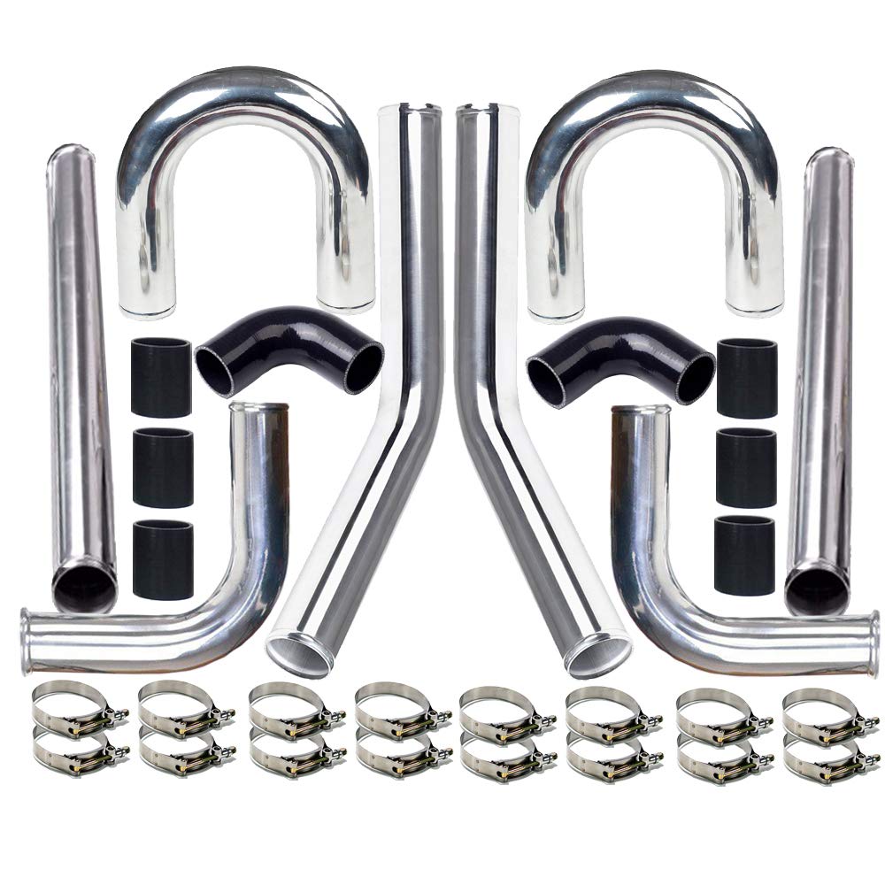 MooSun 2" 8-Pcs Universal Intercooler Pipe Piping Turbo Polished Aluminum Kit with Silicone Hoses and Stainless Steel T-Clamps