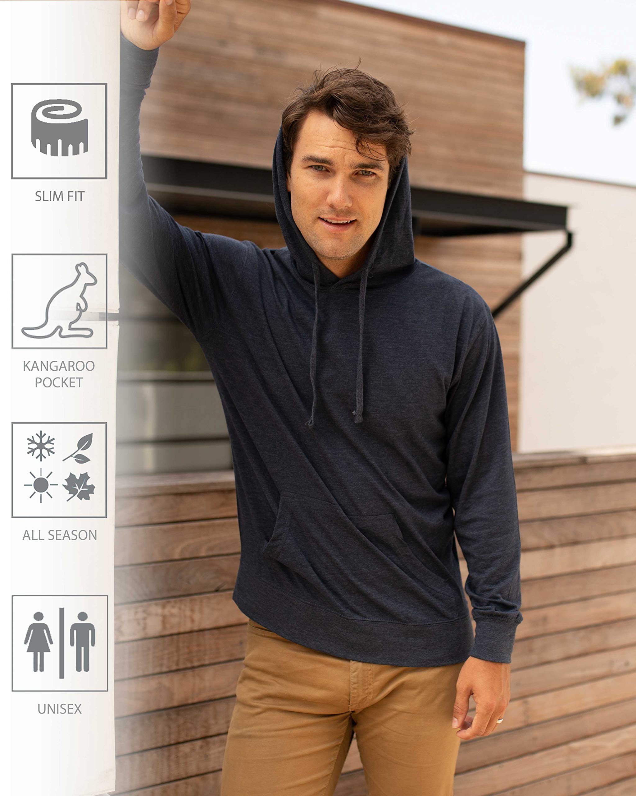 Global Blank Lightweight Hoodie for Men Long Sleeve Pullover Sweatshirt Mens Active Hoodies, Dark Grey, Medium