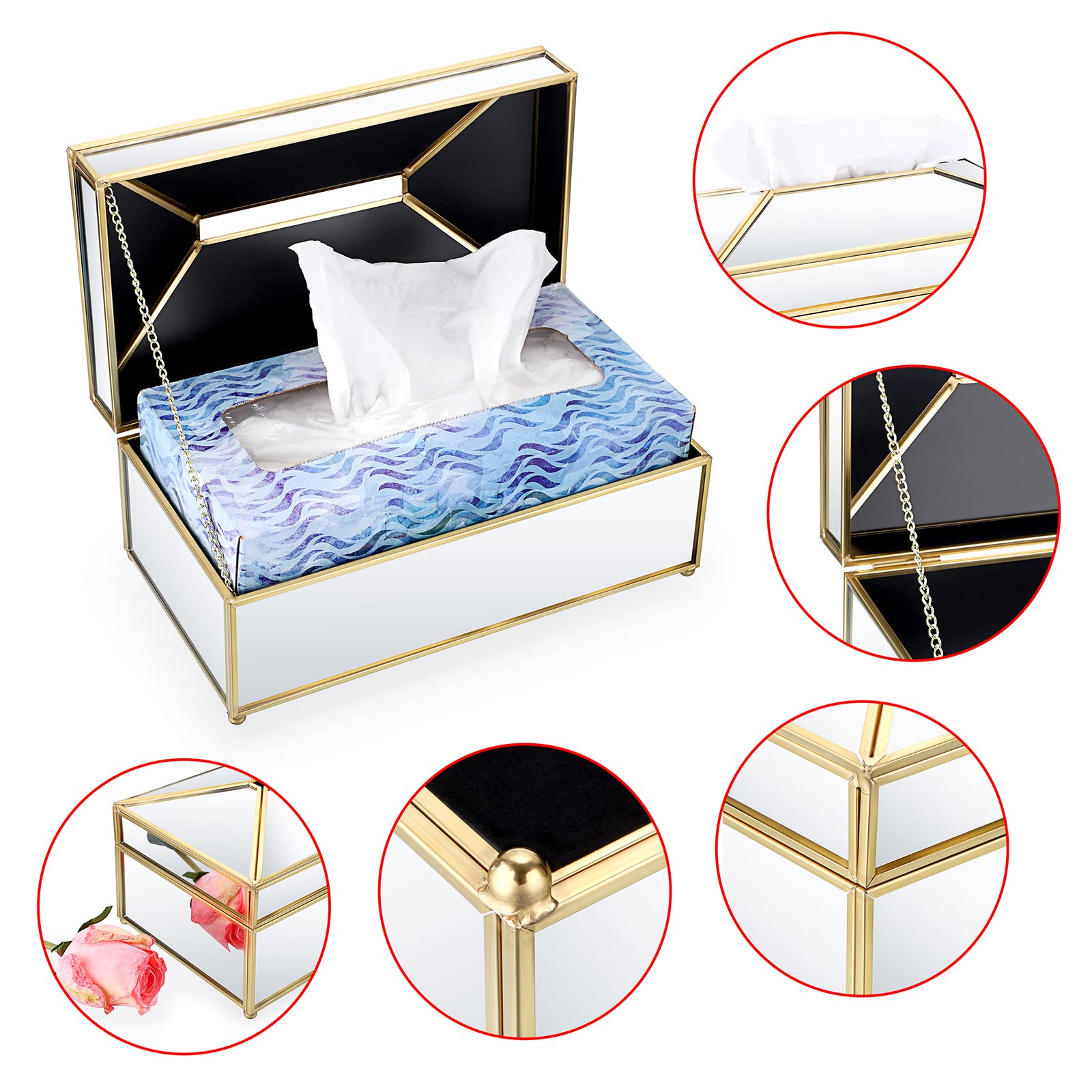 Sumnacon Tissue Box Cover Rectangle Mirrored Tissue Box,Gold Glass Tissue Box Holder, Stylish Tissue Cover for Bathroom Toilet Bedroom Living Room Table Home Office Bar Decor