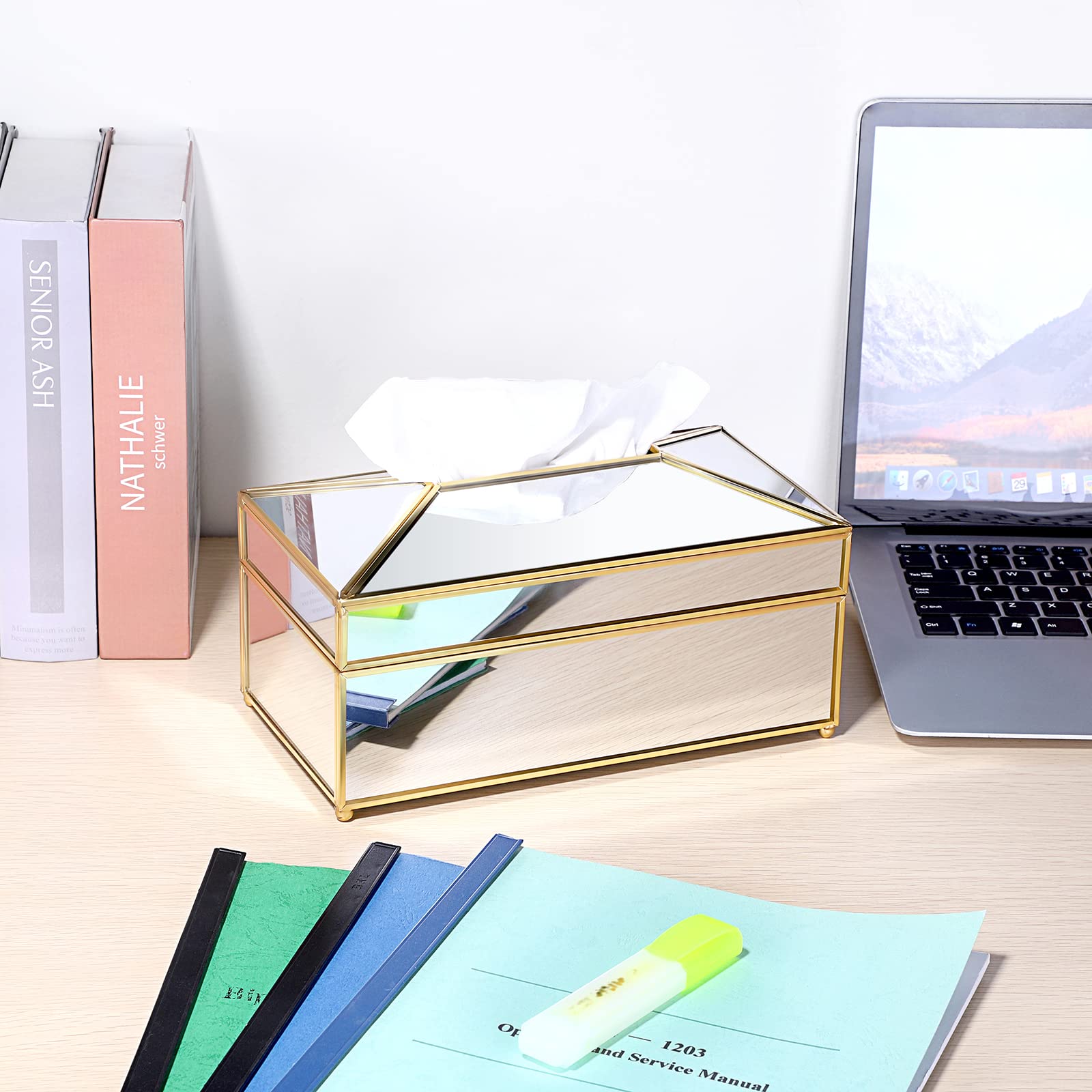 Sumnacon Tissue Box Cover Rectangle Mirrored Tissue Box,Gold Glass Tissue Box Holder, Stylish Tissue Cover for Bathroom Toilet Bedroom Living Room Table Home Office Bar Decor