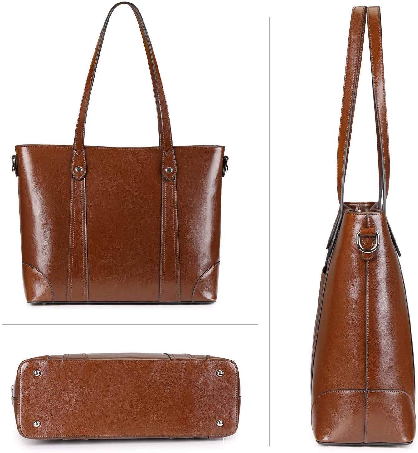 S-ZONE Leather Tote Bag for Women Office Shoulder Handbag 15.6 Inch Work Laptop Briefcase (Dark Brown)