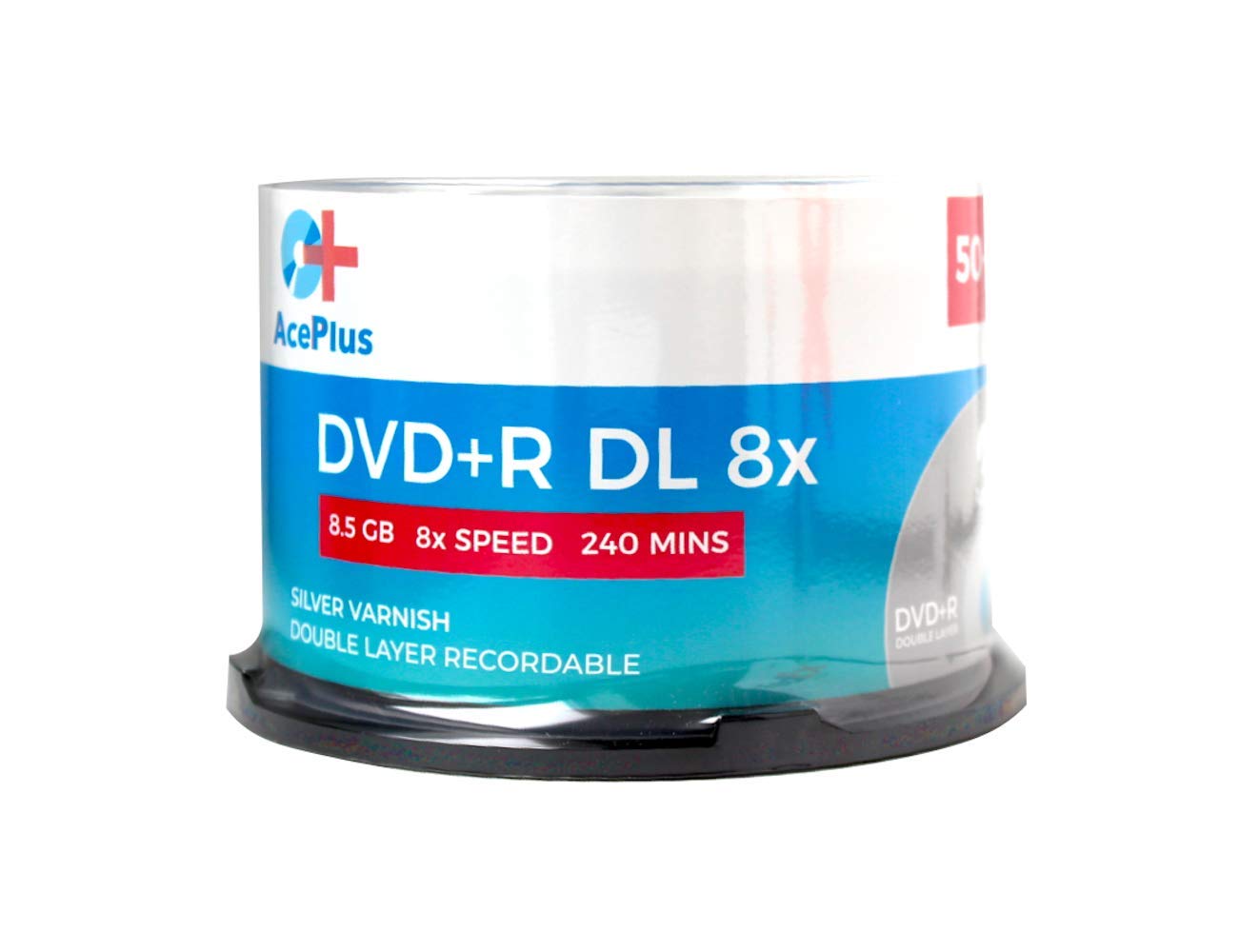 AcePlus 50-Pack DVD+R Dual Layer Discs with 8X Speed, 8.5 GB of Data and Logo-Branded Silver Surface in Cakebox