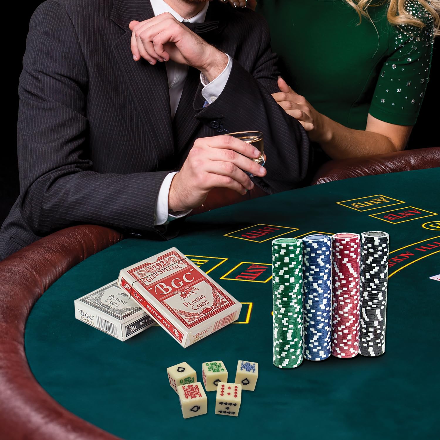 Bey-Berk Custom Personalized Black Leather case with with Playing Cards, Chips, and Poker Dices