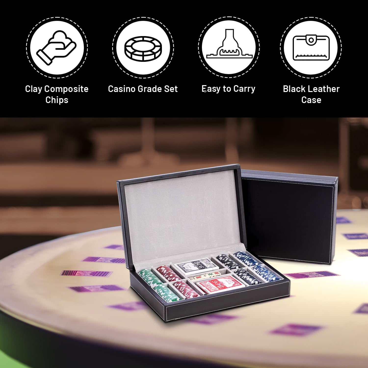 Bey-Berk Custom Personalized Black Leather case with with Playing Cards, Chips, and Poker Dices