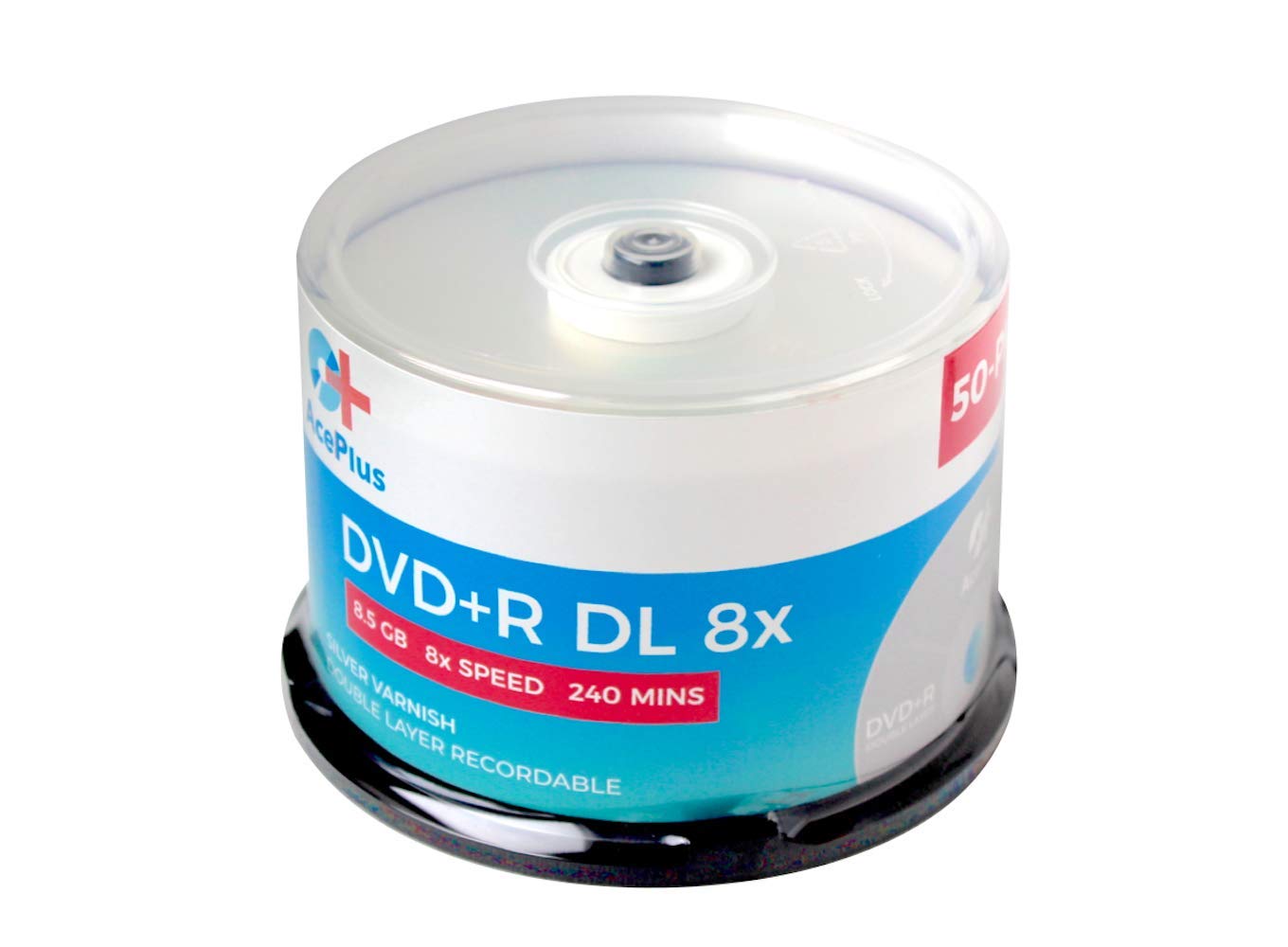 AcePlus 50-Pack DVD+R Dual Layer Discs with 8X Speed, 8.5 GB of Data and Logo-Branded Silver Surface in Cakebox