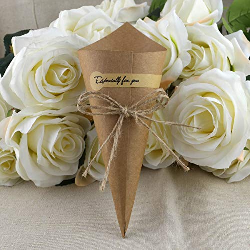 50Pcs Kraft Paper Cones Bouquet Wrapping Paper Cones Wedding Confetti Candy Gift Flower Paper Cones Holder with Hemp Ropes for DIY Wedding Table Decor Party Gift Packaging, Brown