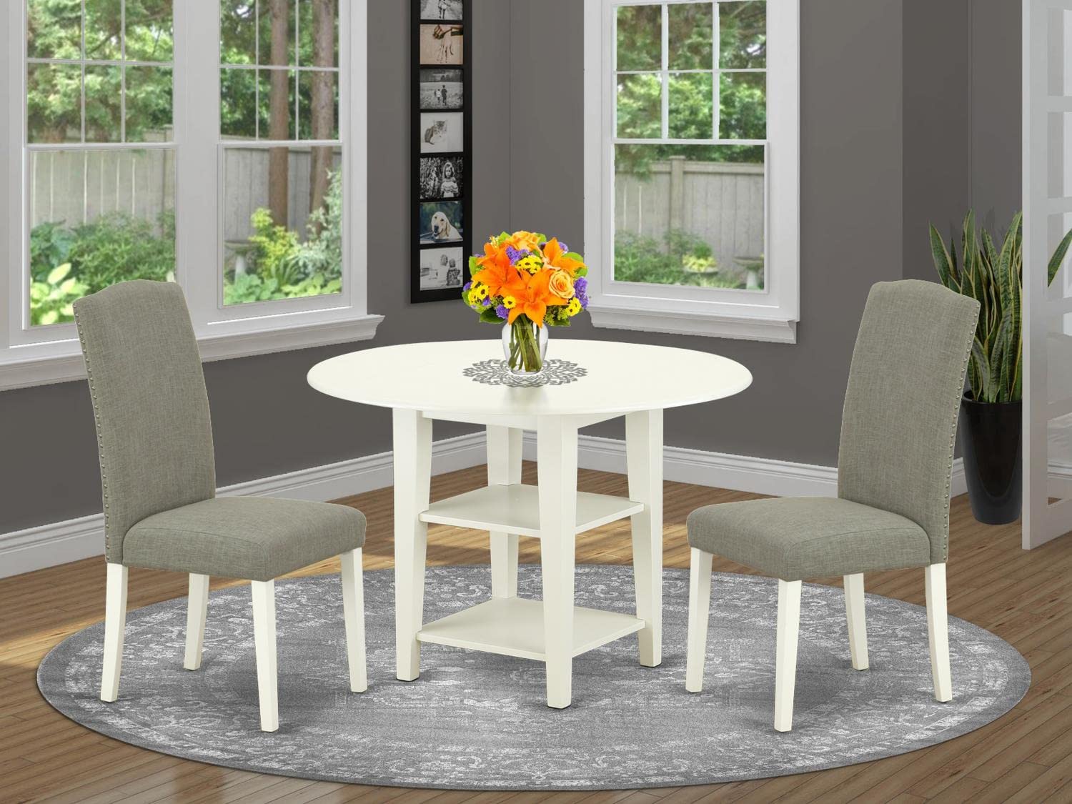 East West Furniture SUEN3-LWH-06 3 Piece Kitchen Table Set Contains a Round Dining Table with Dropleaf & Shelves and 2 Dark Shitake Linen Fabric Parson Chairs, 42x42 Inch, Linen White