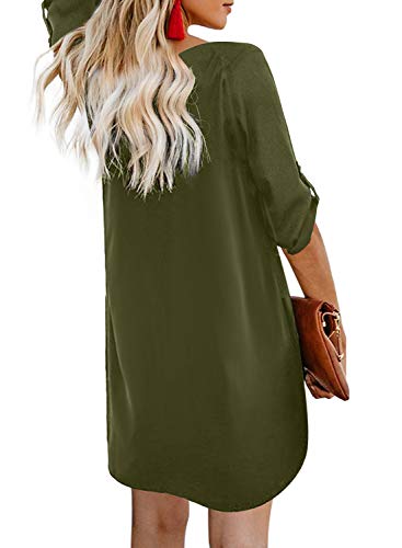 AlvaQ Womens Dress 2024 Summer V Neck Button Down Fall Short Sleeve A Line Swing Skater Tunic Dresses Beach Sundress Green Large