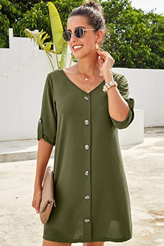 AlvaQ Womens Dress 2024 Summer V Neck Button Down Fall Short Sleeve A Line Swing Skater Tunic Dresses Beach Sundress Green Large