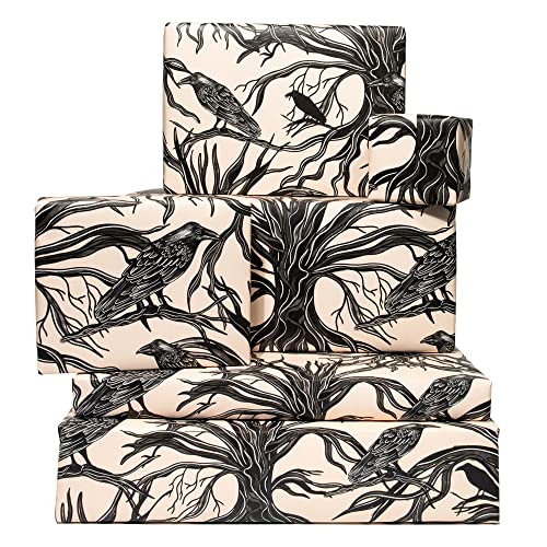 CENTRAL 23 Birds Wrapping Paper and Tags - 6 Sheets Birthday Gift Wrap for Her - Raven - Woods - Black - Pink - For Women - Gift Wrap for Bird Lover - Animals Trees - Recyclable