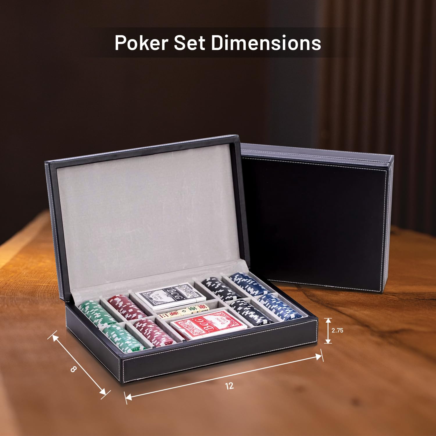 Bey-Berk Custom Personalized Black Leather case with with Playing Cards, Chips, and Poker Dices