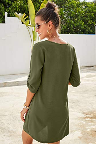 AlvaQ Womens Dress 2024 Summer V Neck Button Down Fall Short Sleeve A Line Swing Skater Tunic Dresses Beach Sundress Green Large