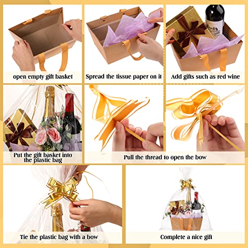 30 Pieces Baskets with Handle for Gifts Empty with Cellophane Basket Bags Tissue Paper Bows Ribbons Bulk Empty Gift Basket with Handles for Graduation Birthday Party Wedding Holiday
