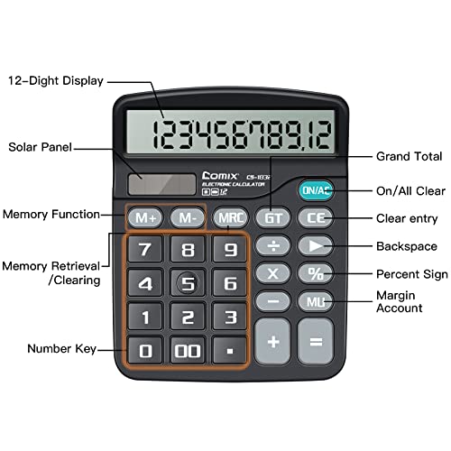 Comix Desktop Calculator 12 Digit with Large LCD Display and Big Button, 12 Digits Baisc Calculator, Solar Battery Dual Powered, for Office Home School C-1832 (Black)