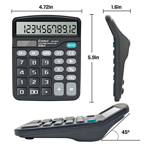 Comix Desktop Calculator 12 Digit with Large LCD Display and Big Button, 12 Digits Baisc Calculator, Solar Battery Dual Powered, for Office Home School C-1832 (Black)