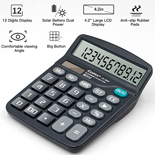 Comix Desktop Calculator 12 Digit with Large LCD Display and Big Button, 12 Digits Baisc Calculator, Solar Battery Dual Powered, for Office Home School C-1832 (Black)