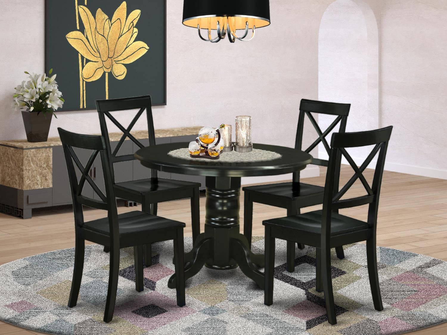 East West Furniture SHBO5-BLK-W 5 Piece Dining Set Includes a Round Kitchen Table with Pedestal and 4 Dining Chairs, 42x42 Inch, Black
