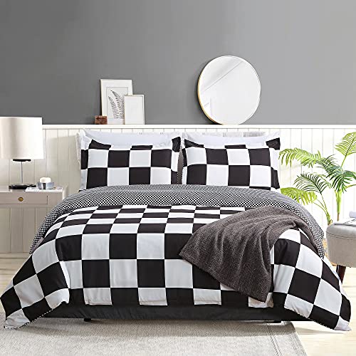 NOKOLULU Twin Size Duvet Cover Set - Black and White Buffalo Check Comforter Cover with Pillow Sham - Soft Lightweight Washed Microfiber - Luxury Vintage Checkered Grid Bedding with Zipper & Ties