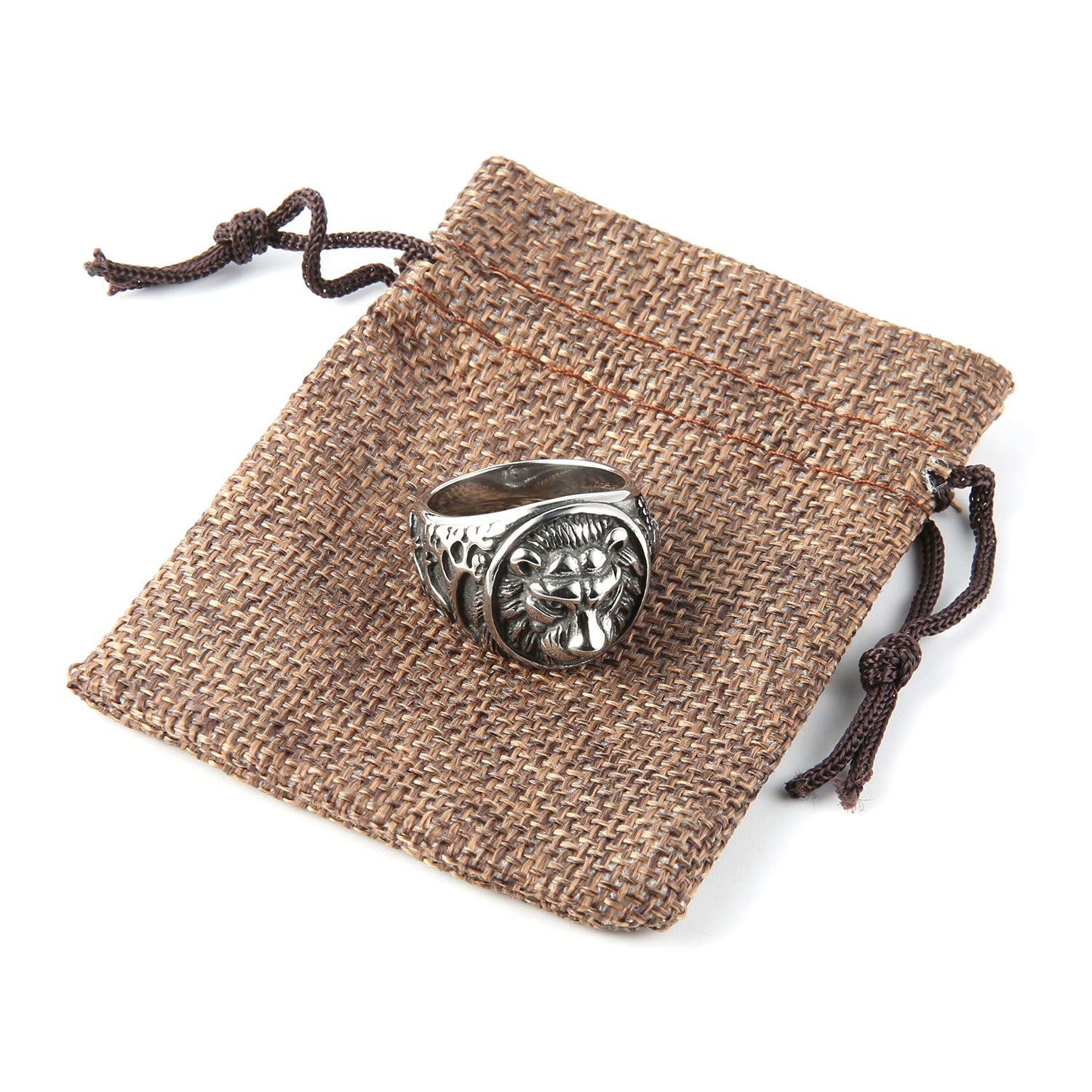 HZMAN Men's Vintage Stainless Steel Ring Lion Head Shield Biker Gold/Silver