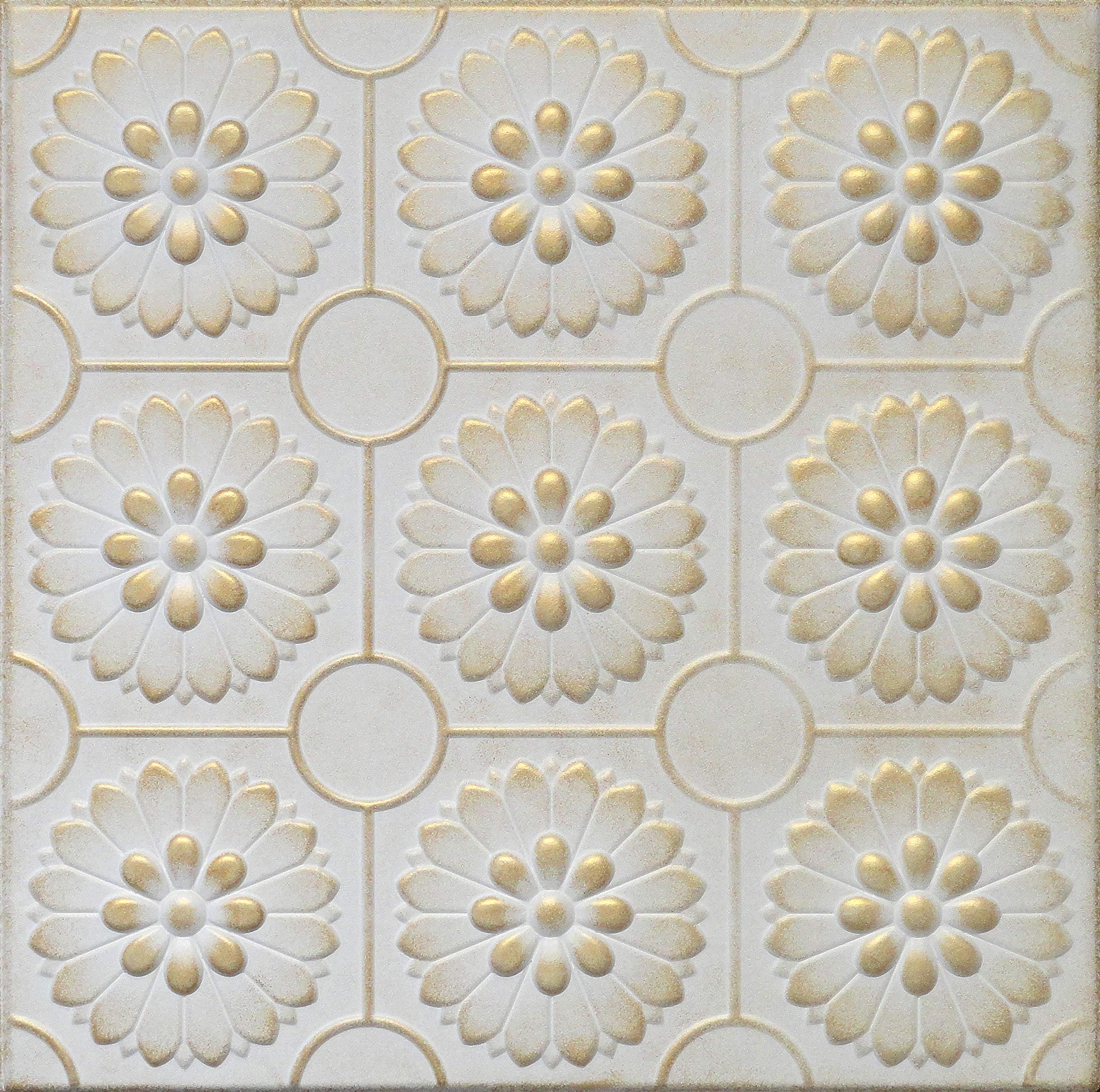 R36 White Satin Washed Gold 20x20 Amazing Styrofoam Tin Look Ceiling Tiles Easy to Glue Up On Any Type of Surface