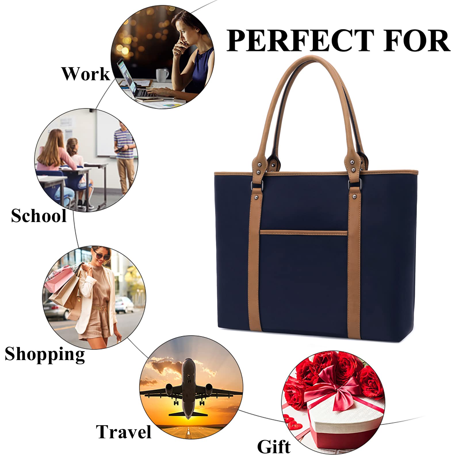 15.6 inch Laptop Bag for Women,Multi Pockets Large Work Bag,Lightweight Water Resistant Nylon Laptop Tote Bag Messenger Bag,Graduation Gifts,Blue