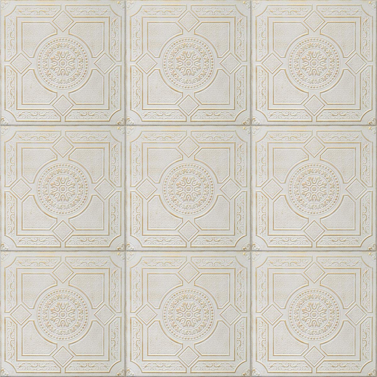R30 White Satin Washed Gold 20x20 Amazing Styrofoam Tin Look Ceiling Tiles Easy to Glue Up On Any Type of Surface