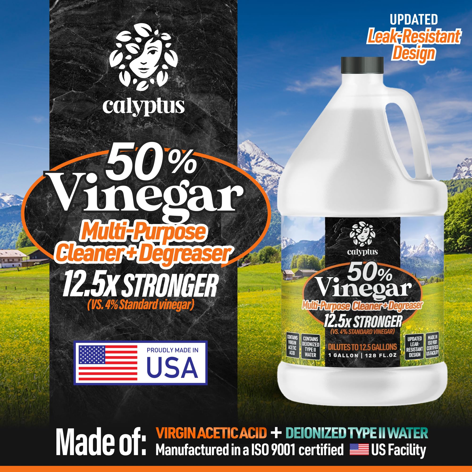 Calyptus 50% Concentrated Vinegar | Highest-Performance (12.5X Power) | Pure Virgin Vinegar | Dynamic-Power | Home, Outdoor, Industrial Cleaner Concentrate | Makes 12.5 Gallons | USA Made | 128 Ounces