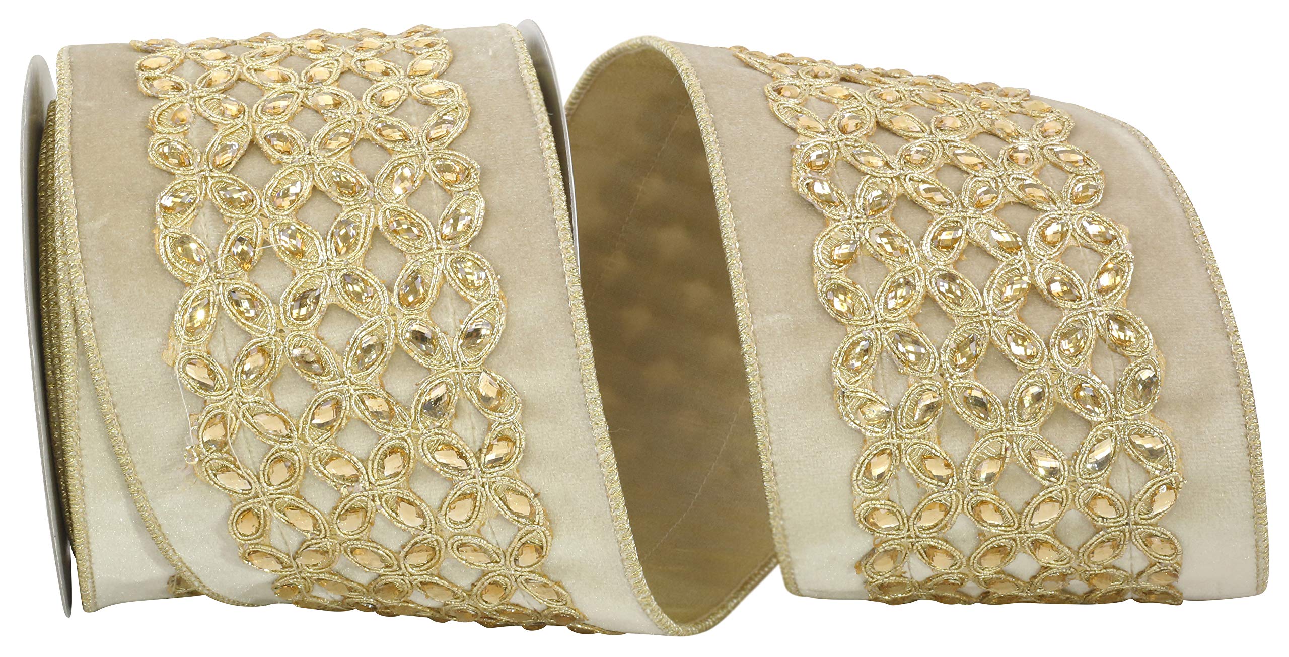 Reliant Ribbon Beaded Plush Velvet Embroidery Wired Edge Ribbon, 4 Inch X 5 Yards, Camel