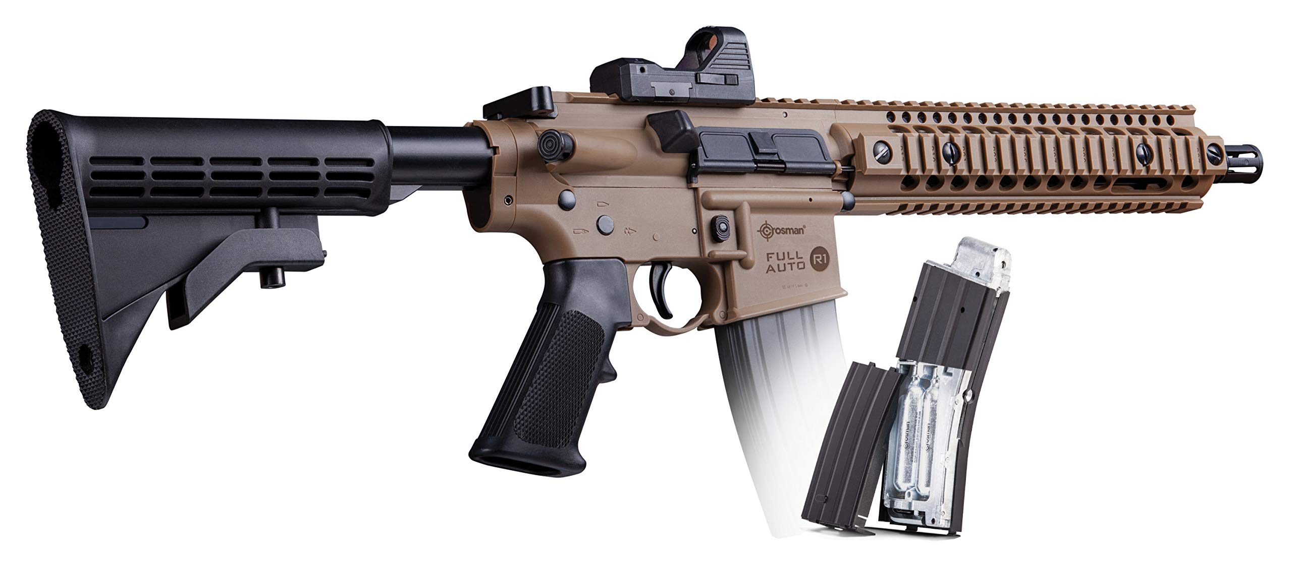 Crosman CFAR1X Full Auto R1 CO2-Powered BB Air Rifle And Red Dot Sight, Black/FDE