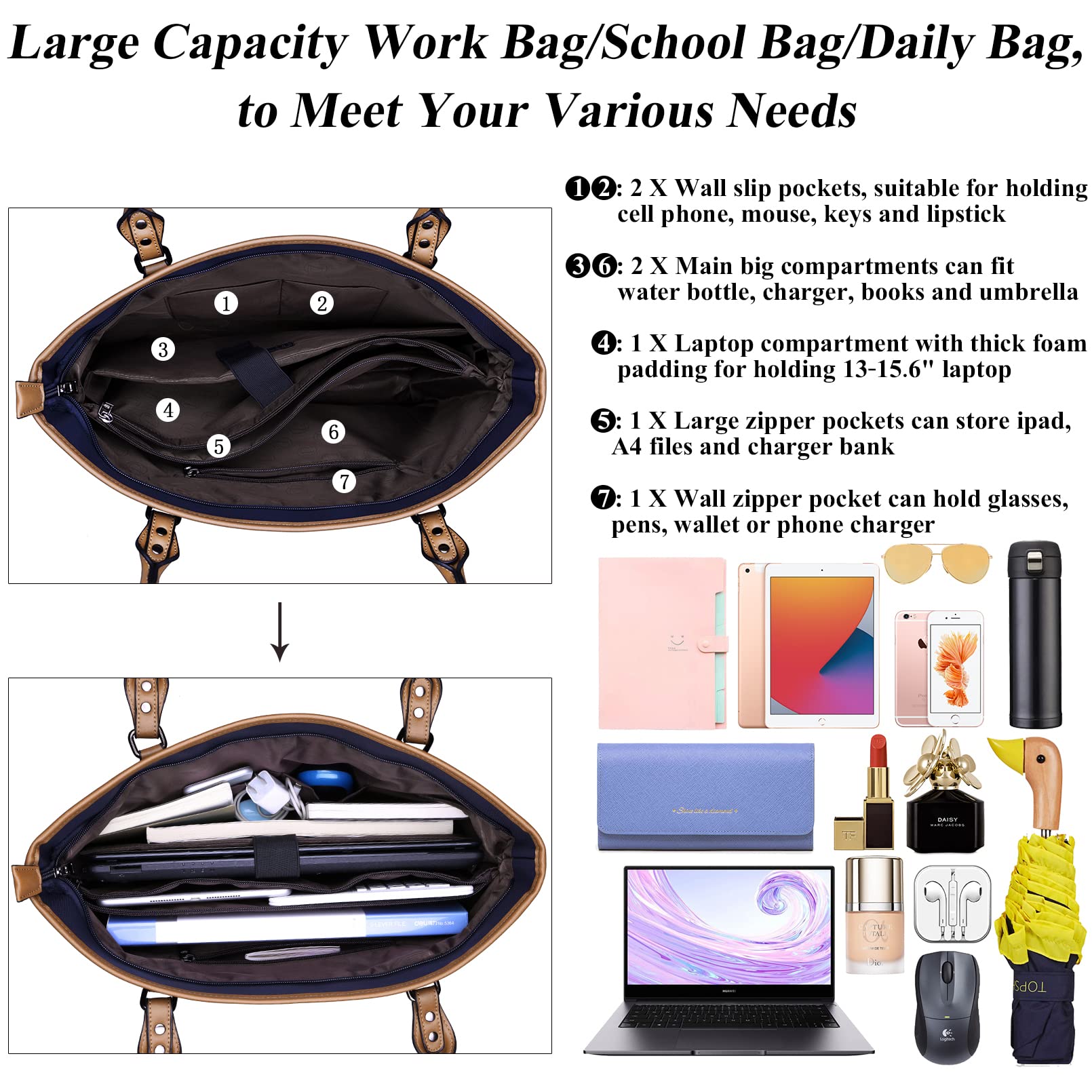 15.6 inch Laptop Bag for Women,Multi Pockets Large Work Bag,Lightweight Water Resistant Nylon Laptop Tote Bag Messenger Bag,Graduation Gifts,Blue