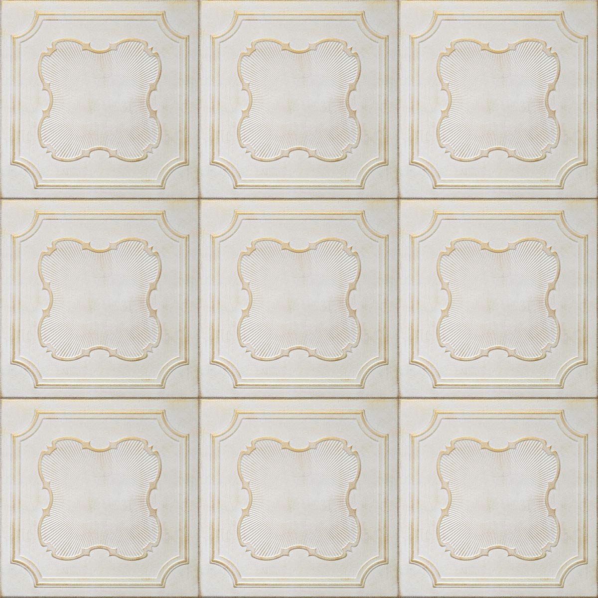 R37 White Satin Washed Gold 20x20 Amazing Styrofoam Tin Look Ceiling Tiles Easy to Glue Up On Any Type of Surface