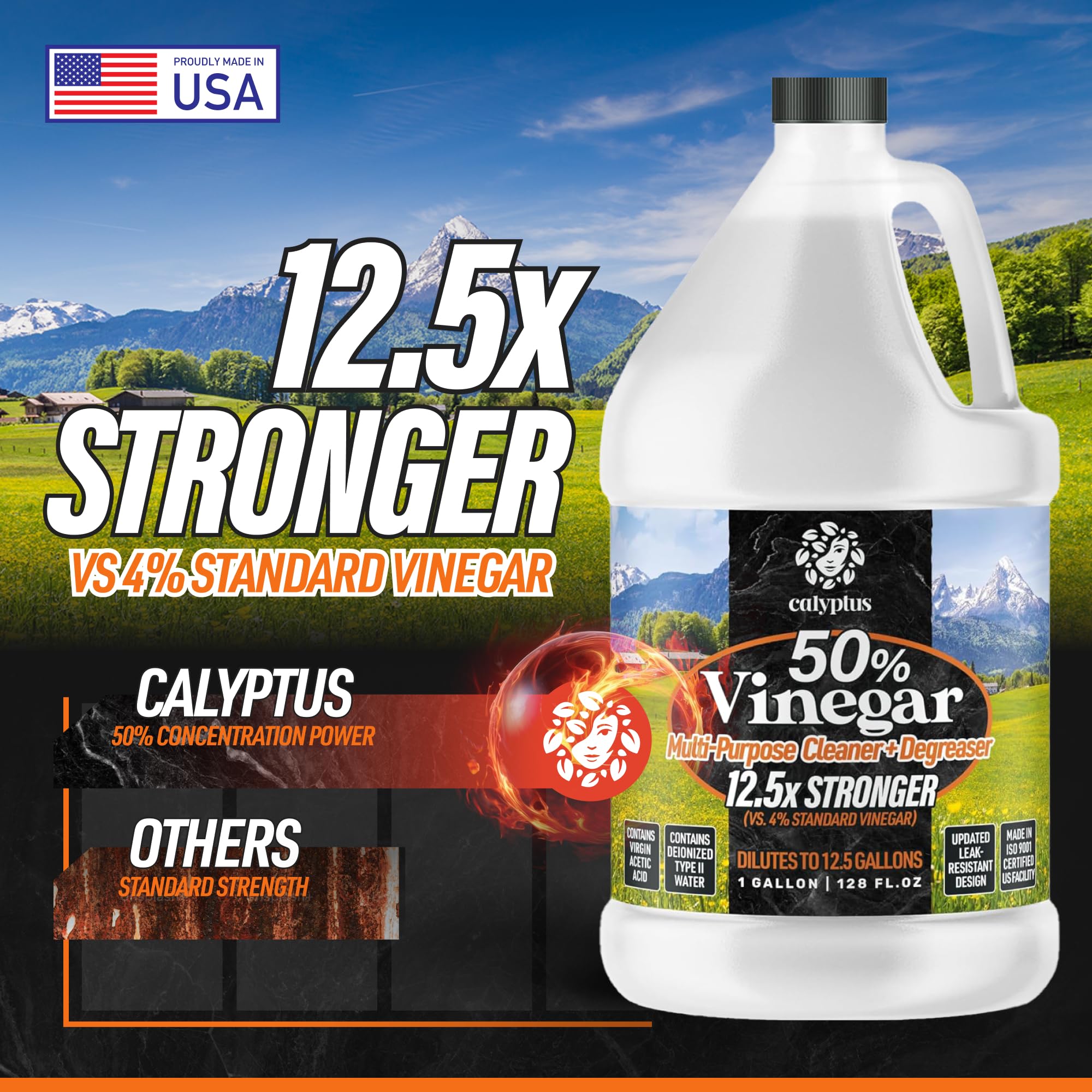 Calyptus 50% Concentrated Vinegar | Highest-Performance (12.5X Power) | Pure Virgin Vinegar | Dynamic-Power | Home, Outdoor, Industrial Cleaner Concentrate | Makes 12.5 Gallons | USA Made | 128 Ounces