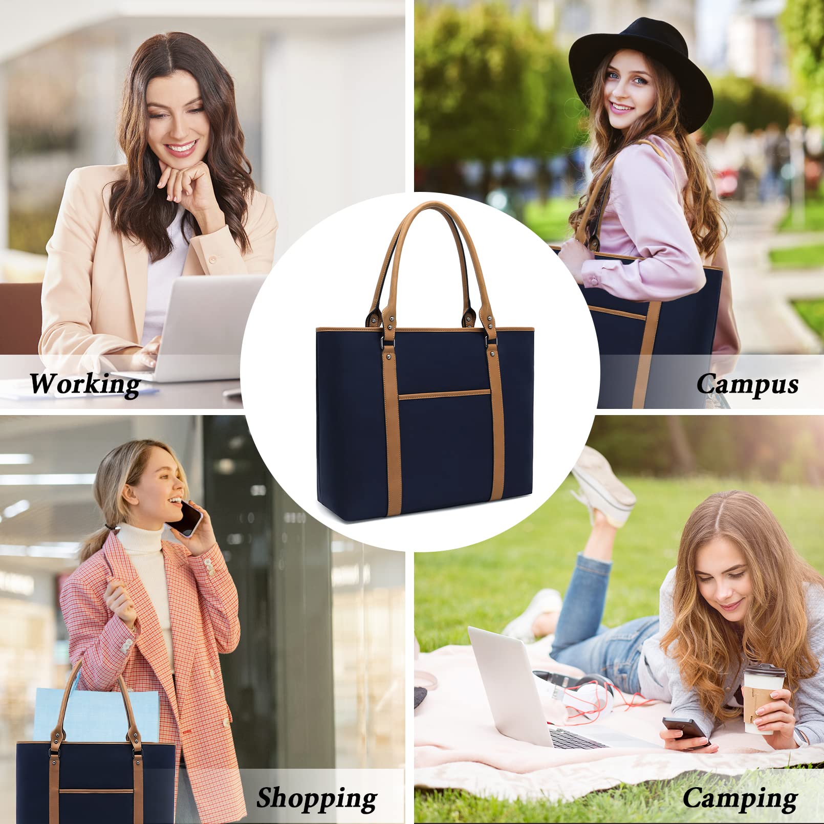 15.6 inch Laptop Bag for Women,Multi Pockets Large Work Bag,Lightweight Water Resistant Nylon Laptop Tote Bag Messenger Bag,Graduation Gifts,Blue