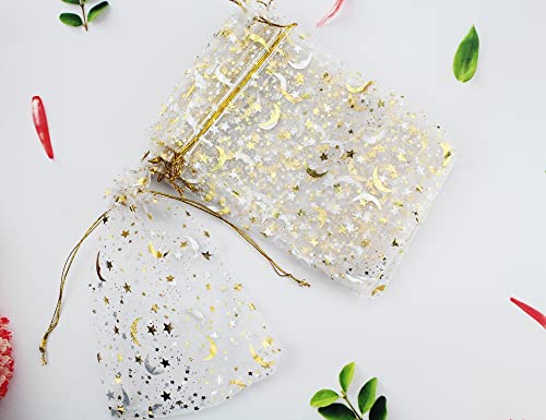 100 Moon Star Organza Jewelry Gift Pouch Candy Pouch Moon Drawstring Wedding Favor Bags XYUG (4x6 inch, white)