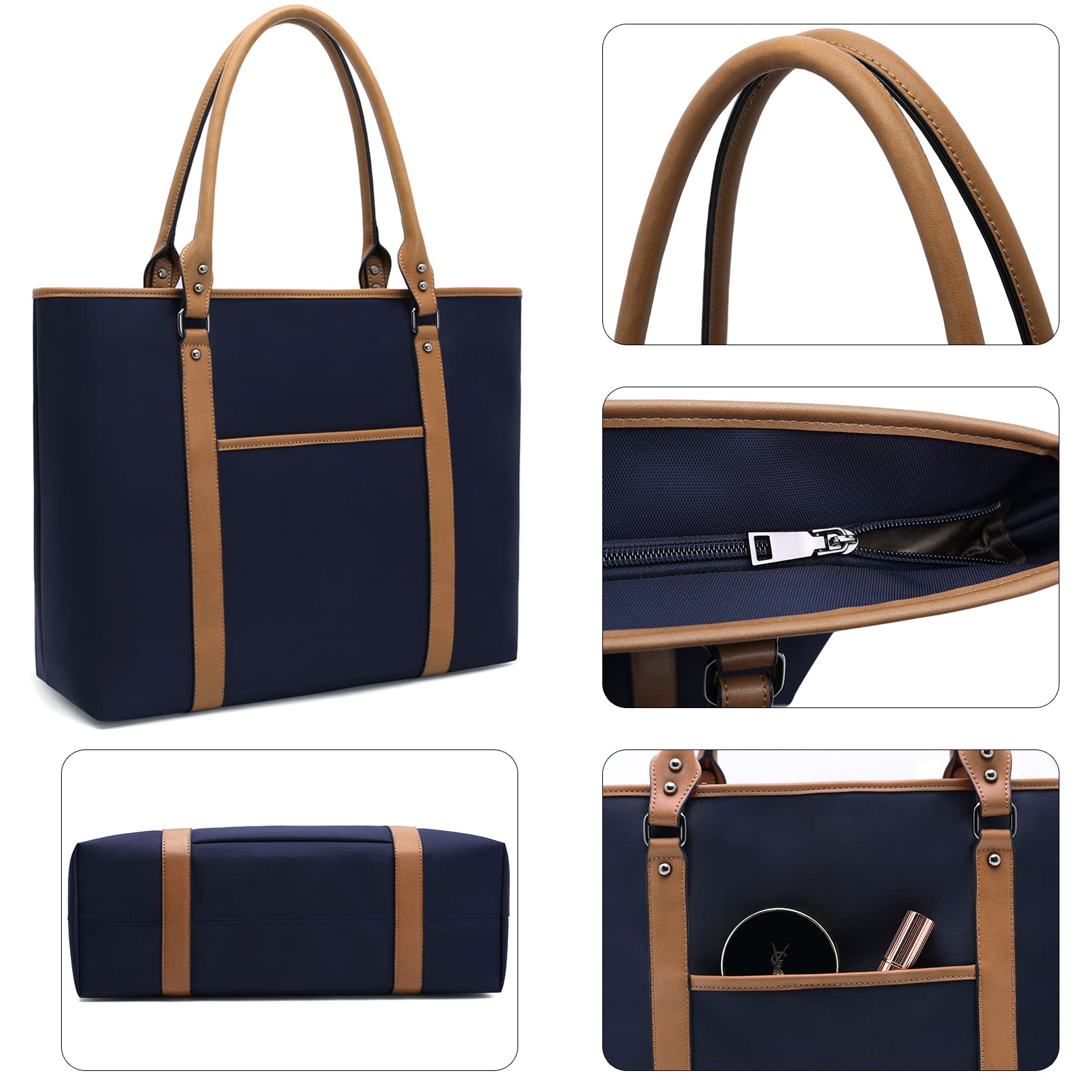 15.6 inch Laptop Bag for Women,Multi Pockets Large Work Bag,Lightweight Water Resistant Nylon Laptop Tote Bag Messenger Bag,Graduation Gifts,Blue