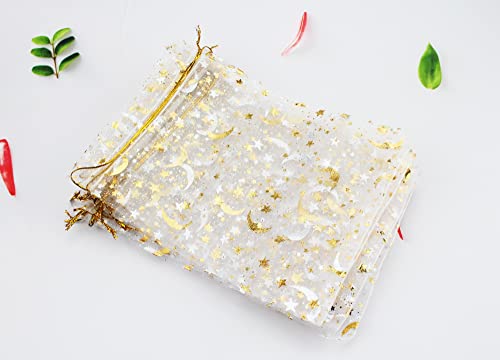 100 Moon Star Organza Jewelry Gift Pouch Candy Pouch Moon Drawstring Wedding Favor Bags XYUG (4x6 inch, white)