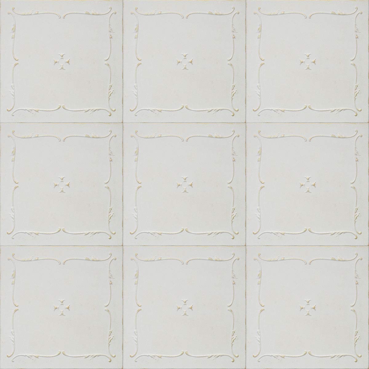 R5 White Satin Washed Gold 20x20 Amazing Styrofoam Tin Look Ceiling Tiles Easy to Glue Up On Any Type of Surface