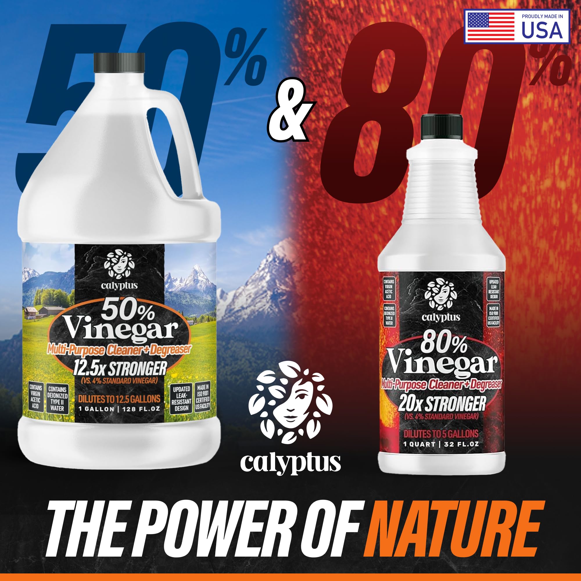 Calyptus 50% Concentrated Vinegar | Highest-Performance (12.5X Power) | Pure Virgin Vinegar | Dynamic-Power | Home, Outdoor, Industrial Cleaner Concentrate | Makes 12.5 Gallons | USA Made | 128 Ounces
