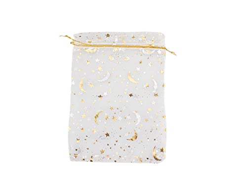 100 Moon Star Organza Jewelry Gift Pouch Candy Pouch Moon Drawstring Wedding Favor Bags XYUG (4x6 inch, white)