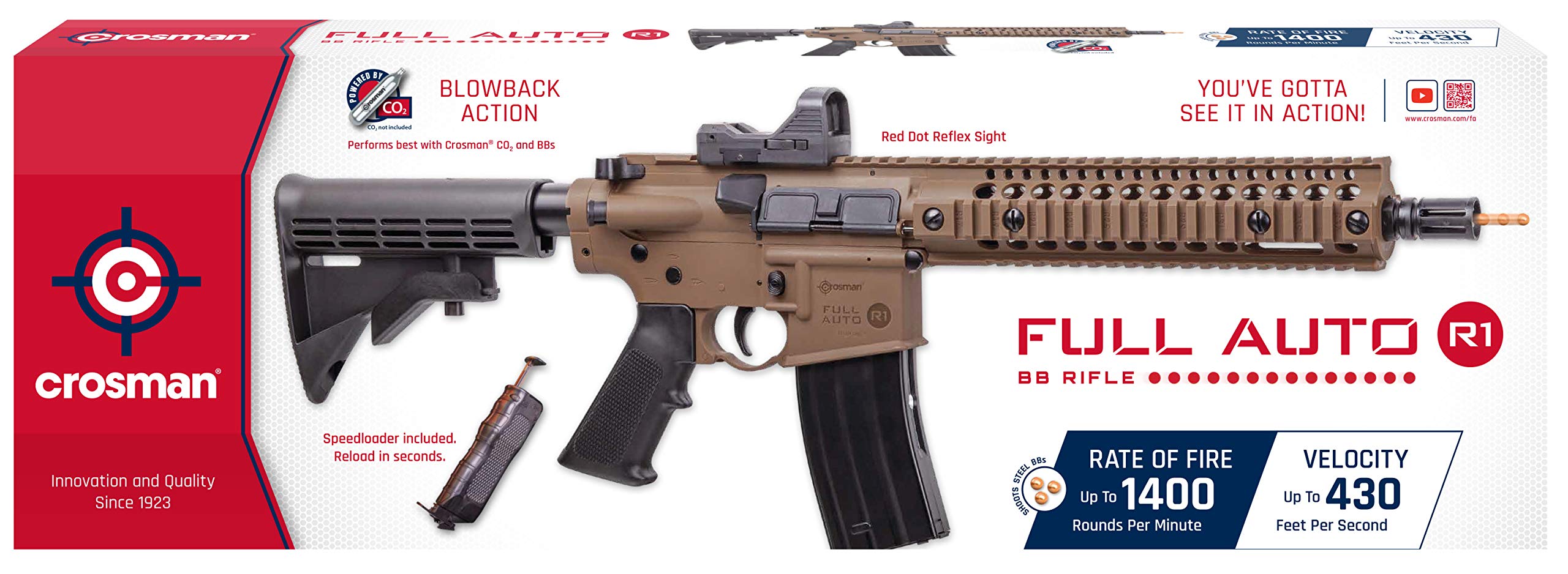 Crosman CFAR1X Full Auto R1 CO2-Powered BB Air Rifle And Red Dot Sight, Black/FDE