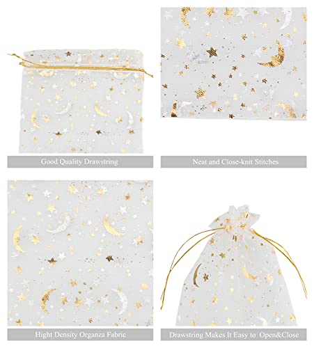 100 Moon Star Organza Jewelry Gift Pouch Candy Pouch Moon Drawstring Wedding Favor Bags XYUG (4x6 inch, white)