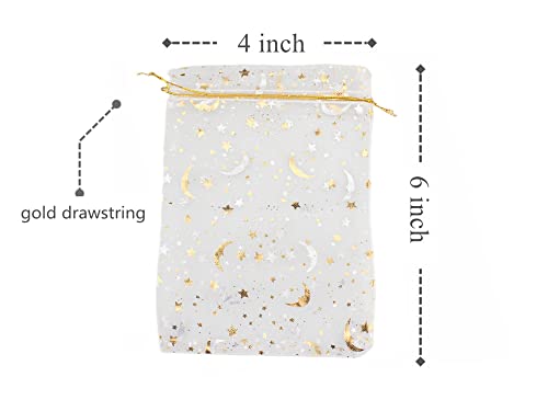 100 Moon Star Organza Jewelry Gift Pouch Candy Pouch Moon Drawstring Wedding Favor Bags XYUG (4x6 inch, white)