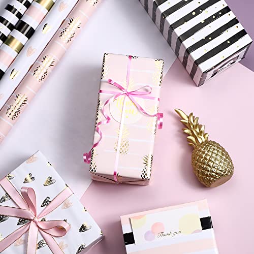 Packanewly Wrapping Paper Roll Set with Cutline on Reverse for All Occasion - Pink Gold White, Black Stripe, Fruit Pineapple Gift Wrap paper Bundle(4 Pack, 100 sq. ft. ttl.) - 30 x 120 Inch Each Roll